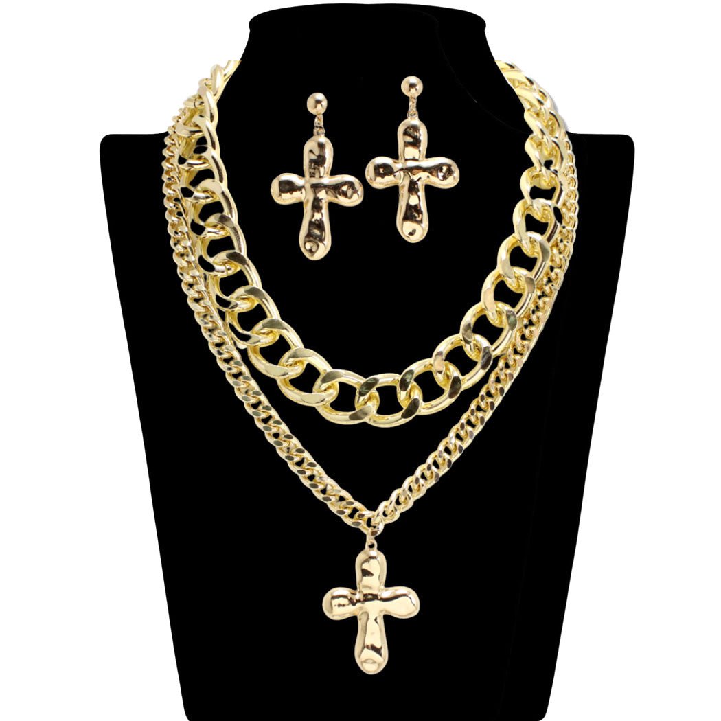 109118, CHUNKY DOUBLE LAYERED CHAIN NECKLACE WITH HAMMERED CROSS PENDA ...