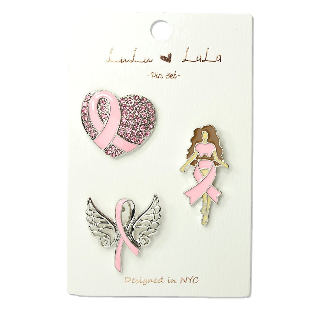 109495, 3 PIECE SET CRYSTAL ENAMEL HEART LADY PINK RIBBON BROOCH PIN ...